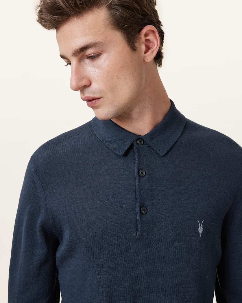 Mode Merino Long Sleeve Ramskull Polo Shirt NAVY BLUE | ALLSAINTS